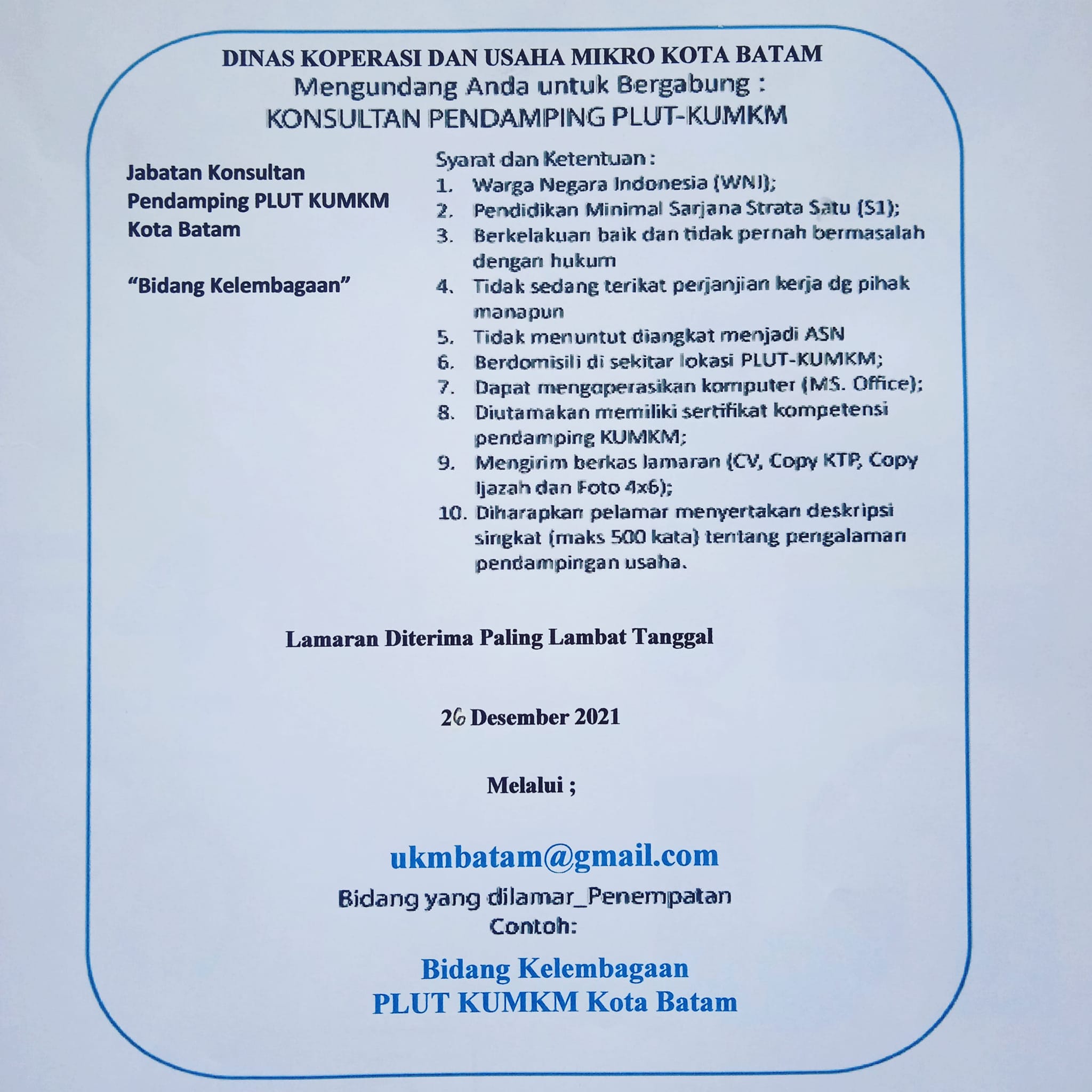 Pengumuman! Dinas Koperasi dan Usaha Mikro Kota Batam Membuka Lowongan Konsultan Pendamping ...